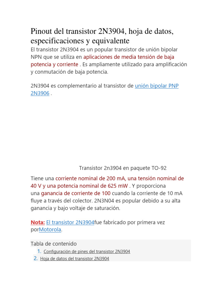 Pinout Del Transistor 2N3904 | PDF | Transistor | Transistor de unión bipolar