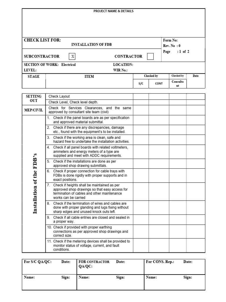 FDB Installation Checklist | PDF | Building Engineering | Electrical ...