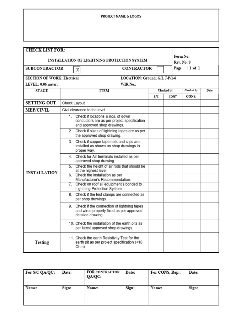 Checklist For Installation of Lightning Protection System | PDF ...
