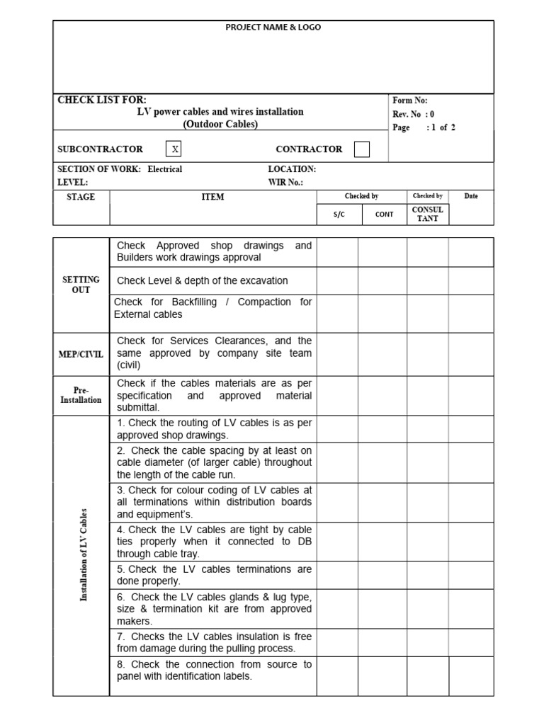 Check List LV Power Cables and Wires Installation Outdoor Cable ...