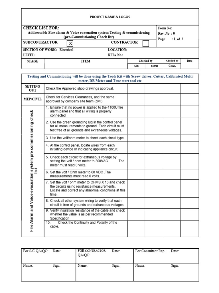 Pre Commissioning Check List For Addressable Fire Alarm Voice ...