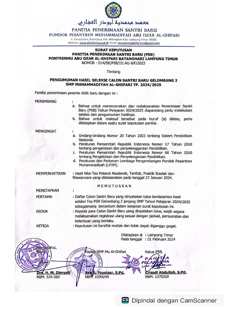 Pengumuman Hasil Tes PSB Gel 2 Jenjang S | PDF