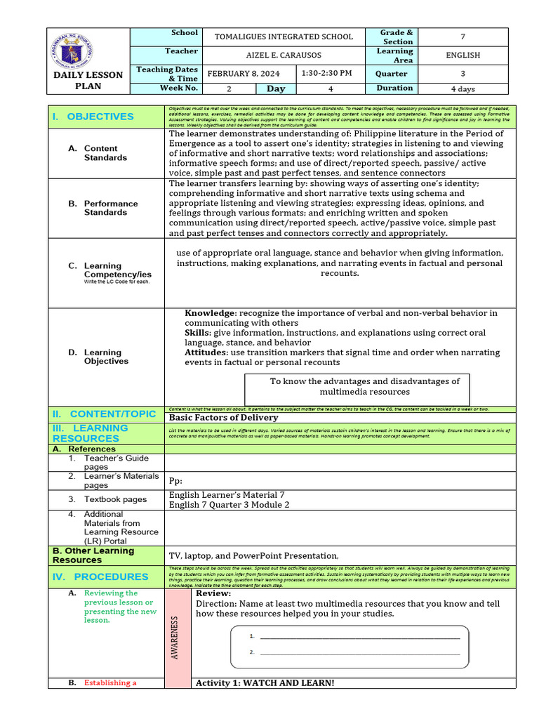 Grade 7 English Lesson Plan: Delivery Factors | PDF | Learning ...