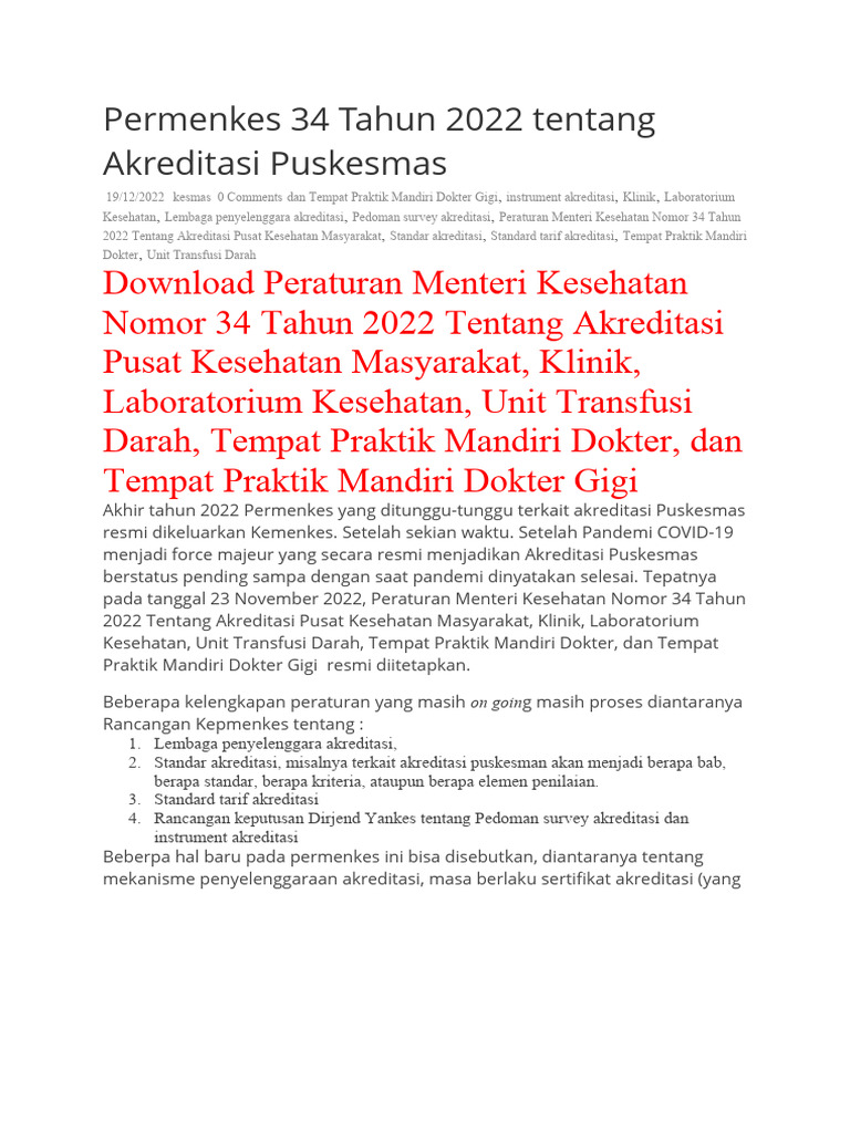 Catatan Permenkes 34 Tahun 2022 Tentang Akreditasi Puskesmas | PDF | Bisnis | Pengelolaan ...