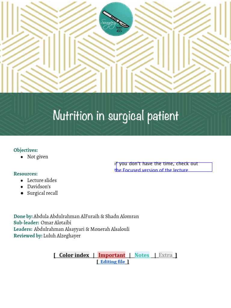 6 - Nutrition in Surgical Patients | PDF | Malnutrition | Nutrition