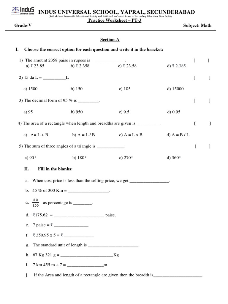 Gr-5 Math PT-3 Practice Worksheet-1 | PDF | Area | Length