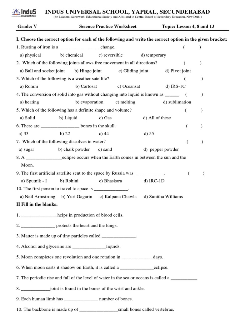 Grade 5 Science Worksheet 1 Ls-4,8,13 | PDF | Moon | Bone