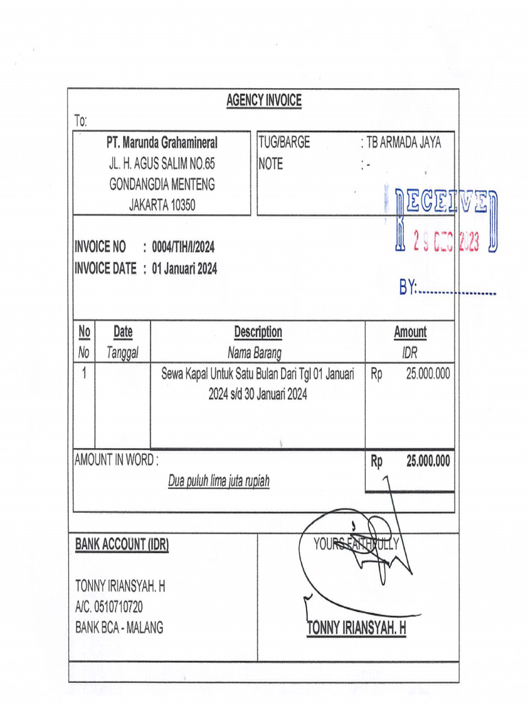 Invoice Armada Jaya V (Jan 24) | PDF