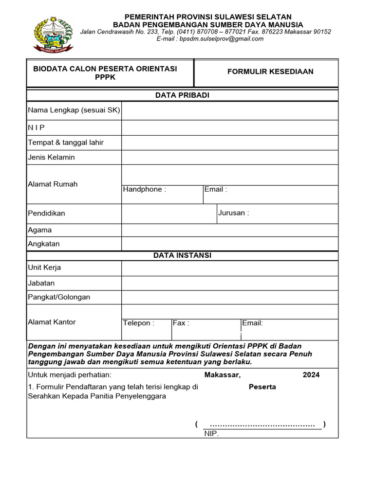 Form Biodata Peserta Orientasi PPPK 2024 | PDF