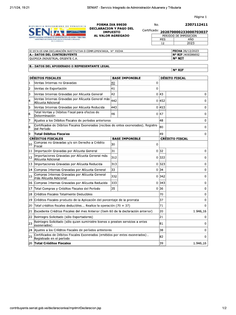 Declaracion IVA 12-2023 | PDF