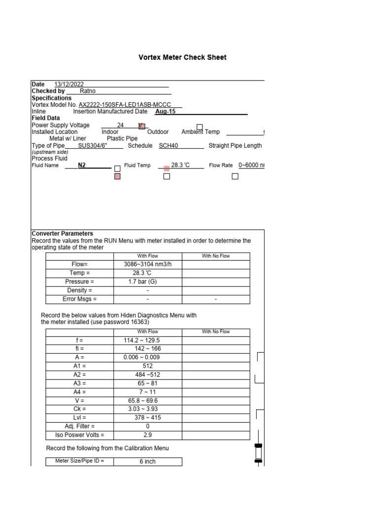 Vortex Check Sheet | PDF | Pipe (Fluid Conveyance) | Flow Measurement