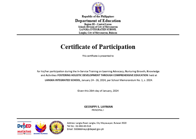 JAN 24 - 26 - Certificate of Participation - School Memo 1 S. 2024 ...