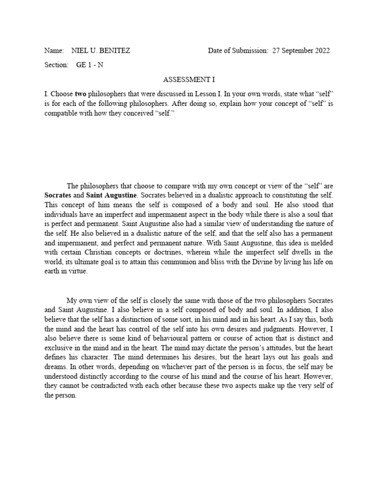 Benitez, Niel - GE 1 (Assessment I) | PDF | Philosophy Of Self | Soul