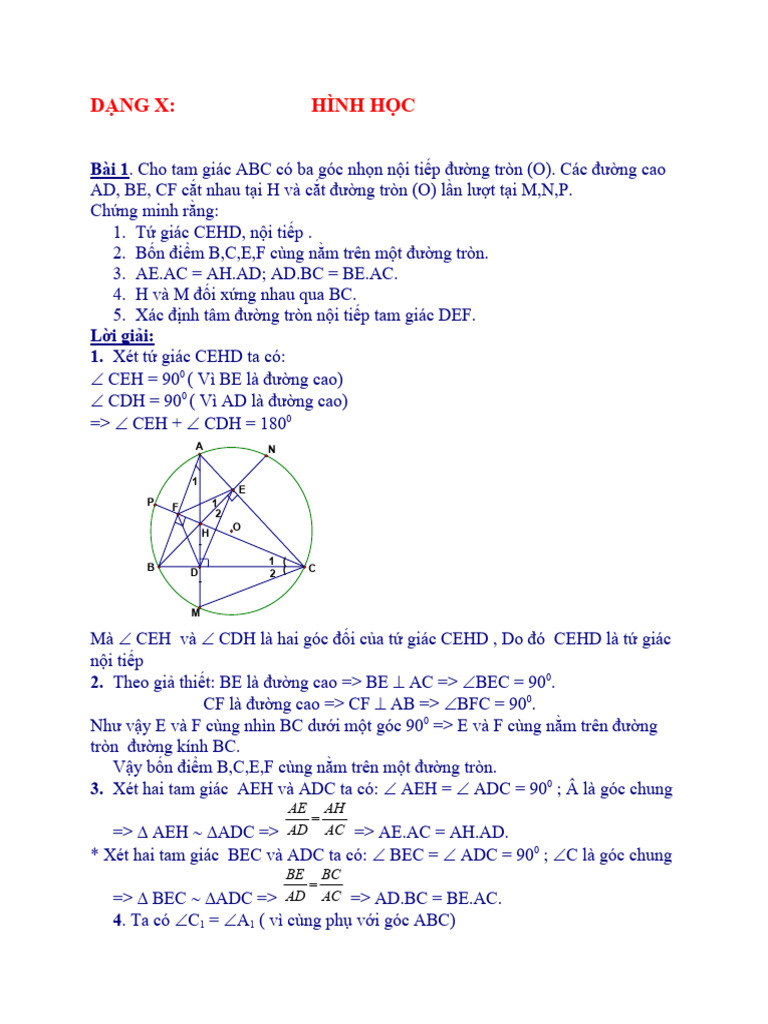 Cho tam giác ABC nhọn, các đường cao AD, BE, CF cắt nhau tại H - Bài tập hình học