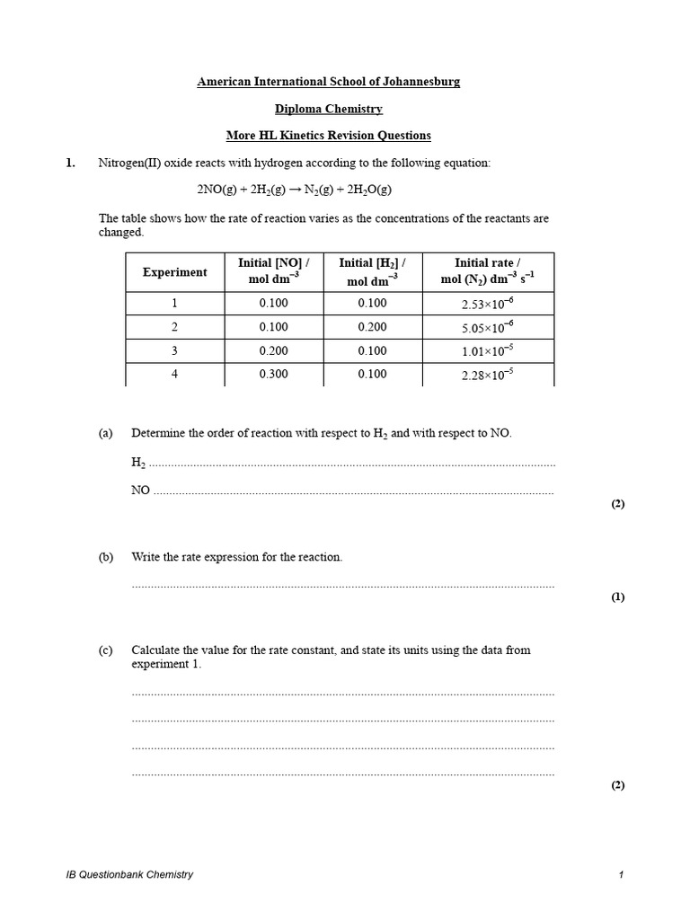 More HL Kinetics Revision Questions | PDF | Reaction Rate | Chemical ...