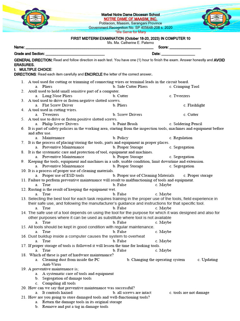 Computer 10 First Final Exam 2023 | PDF | Manufactured Goods | Equipment