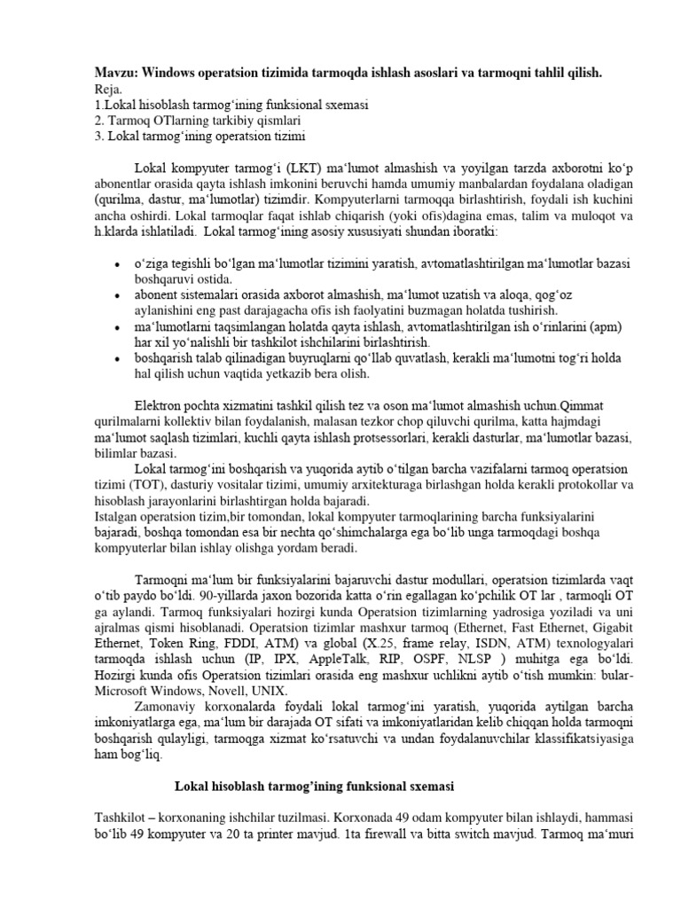 2-Dars - Windows Tizimida Tarmoqni Tashkil Qilish | PDF