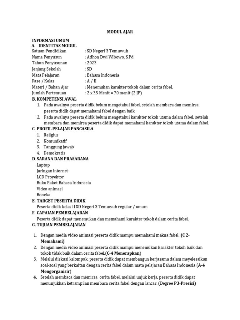 Modul Ajar Bahasa Indonesia Kelas 2 Sd Fase A Pdf - EmriDev