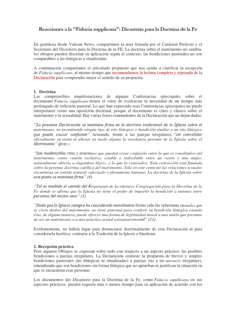 Doctrina para La Doctrina de La Fe. Reacciones A La Fiducia Supplicans. 040124 SP | PDF ...