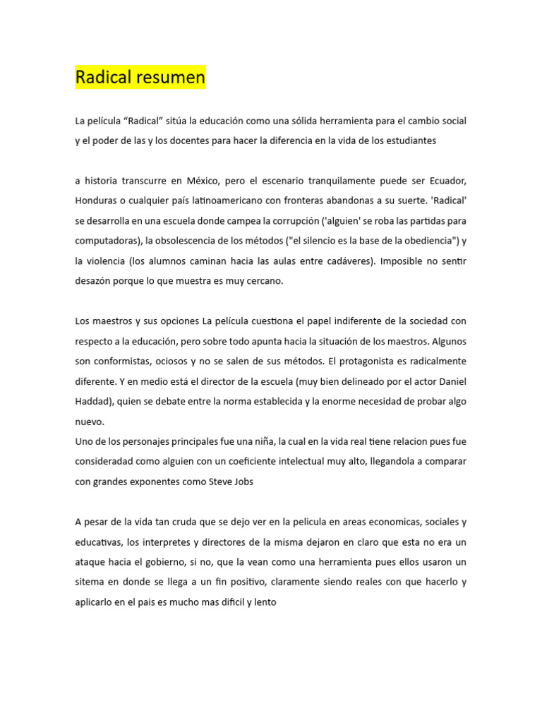 Resumen de la película Radical | PDF | Ciencias sociales