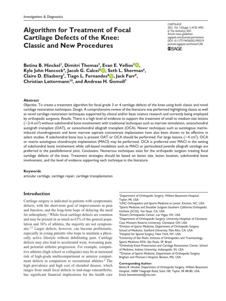 Algorithm For Treatment of Focal Cartilage Defects of The Knee: Classic ...