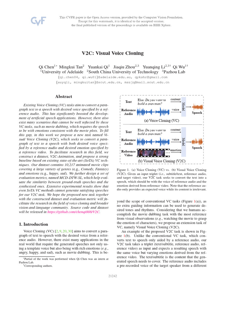 Chen V2C Visual Voice Cloning CVPR 2022 Paper | PDF | Speech Synthesis