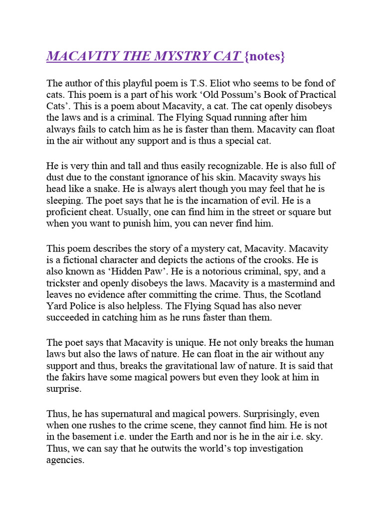 MACAVITY THE MYSTRY CAT (Notes) | PDF