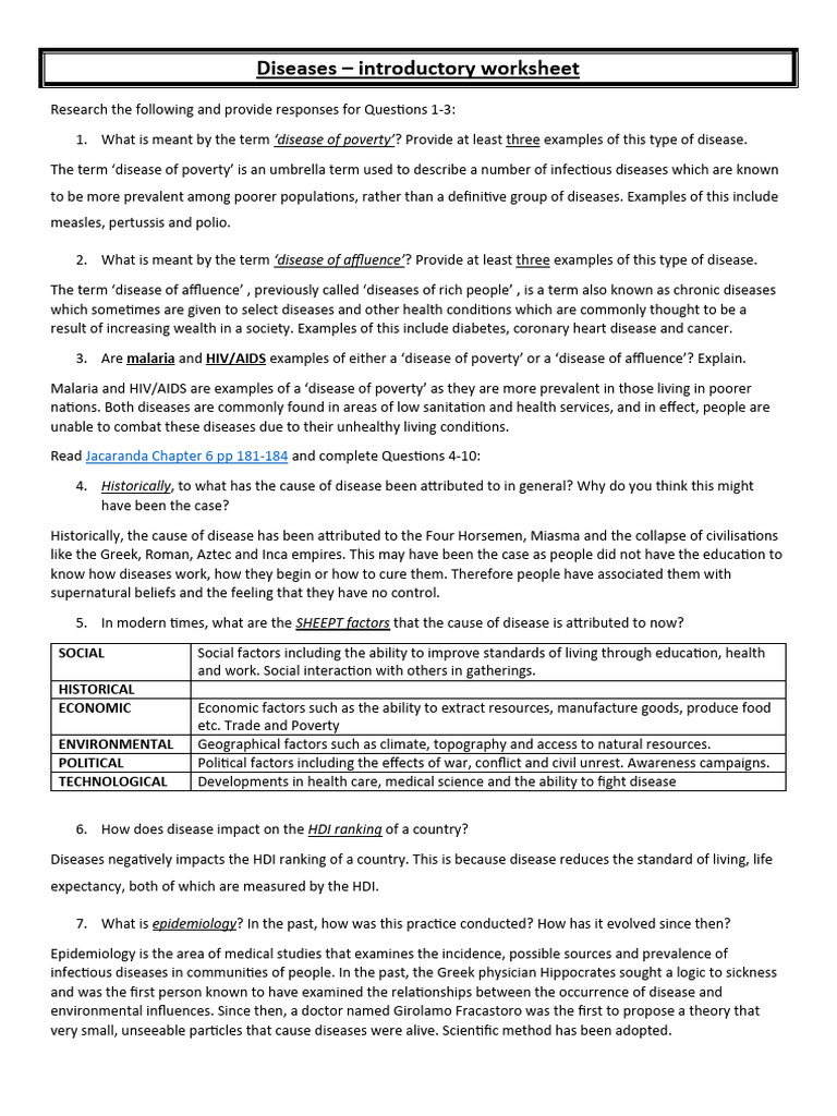 Diseases Introductory Worksheet 1 Download Free Pdf Epidemiology