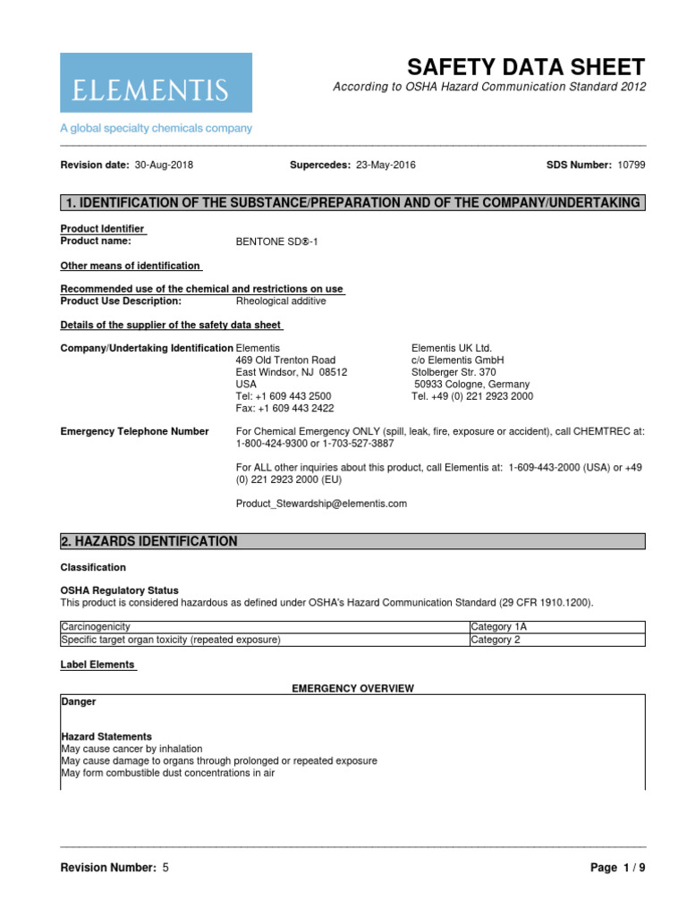 Elementis - Bentone SD 1 (GHS) - 10799 - 08-30-2018 - English | PDF ...