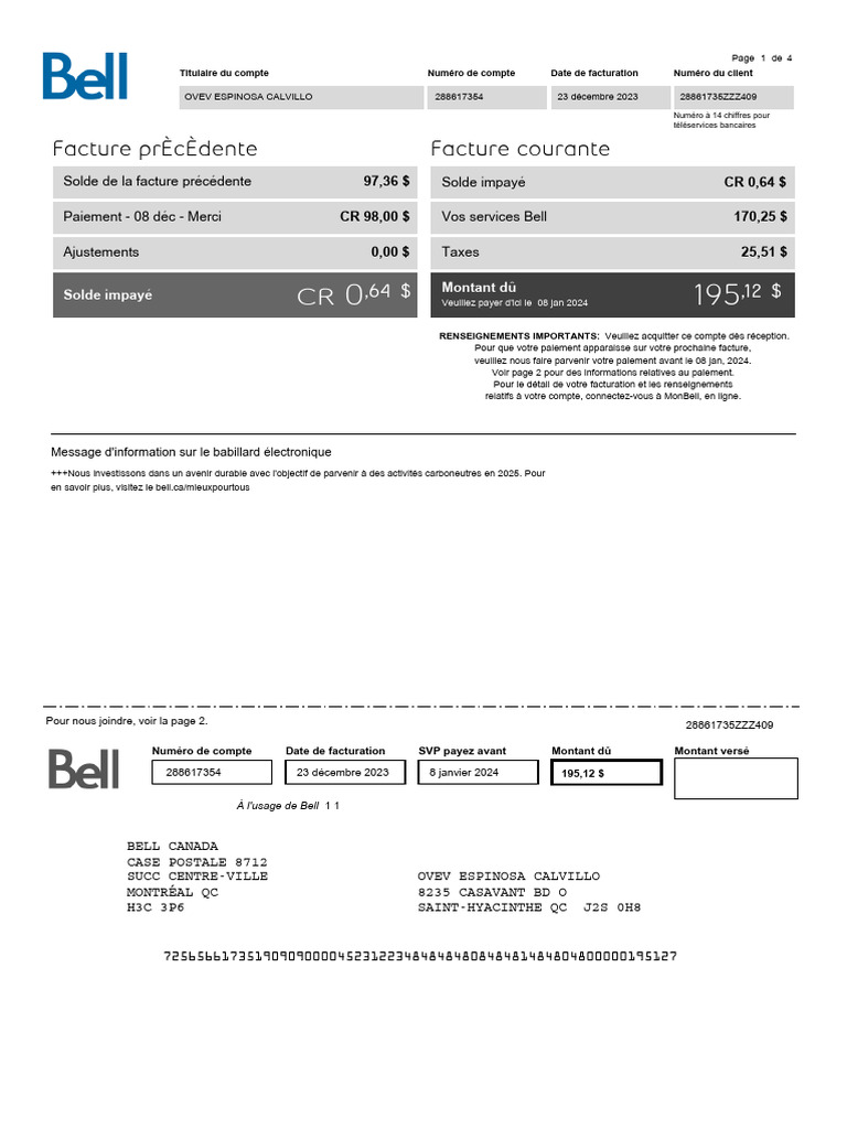 Facture Bell - Paiement dû avant 08 jan 2024 | PDF | Facture | Paiements