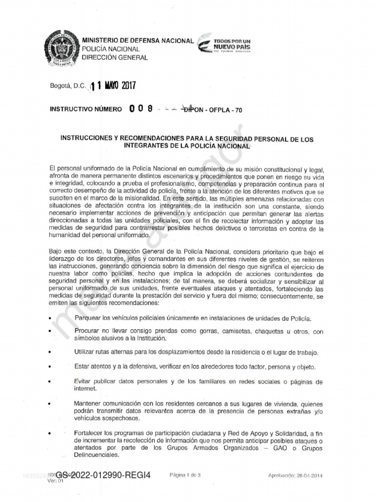 Instructivo 008 Dipon Afpla 70 Instrucciones y Recomendaciones para La Seguridad Personal de Los ...