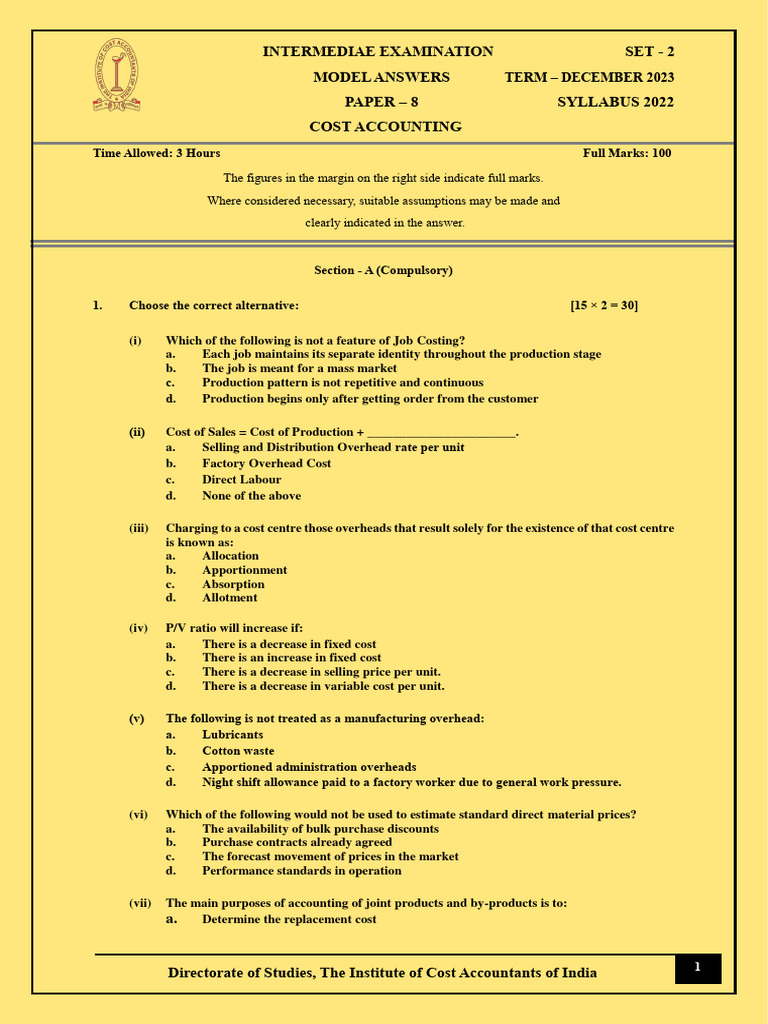 Paper8 Syl22 Dec23 Set2 Sol | PDF | Cost | Cost Accounting