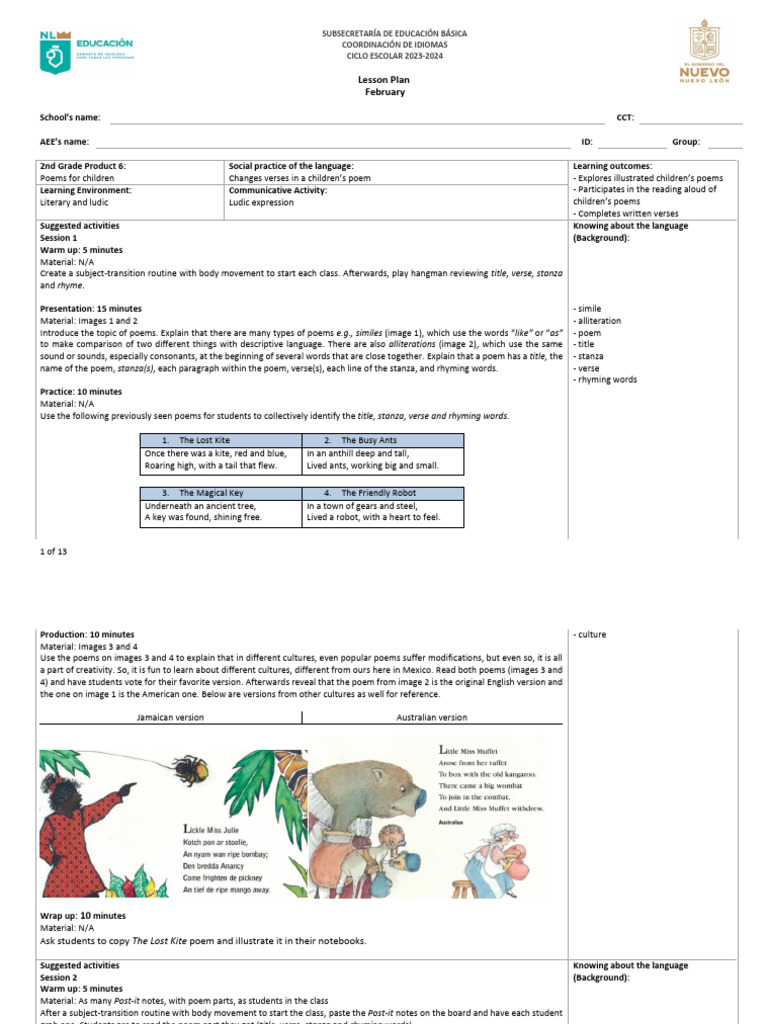 2nd Grade Lesson Plan Product 6 February | PDF | Poetry | Rhyme