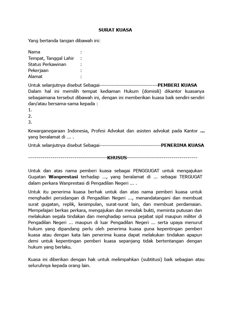 SURAT KUASA TEMPLATE | PDF