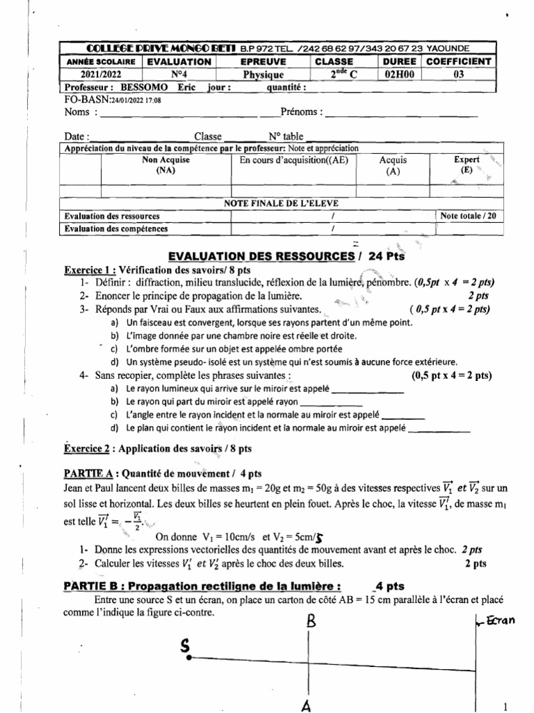 Évaluation de Physique Seconde C | PDF | Ombre | Lumière