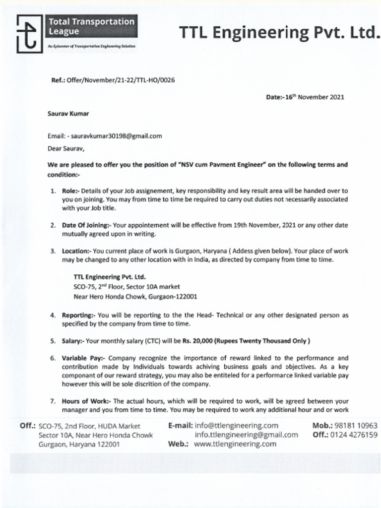 Offer Letter - Saurav Kumar | PDF