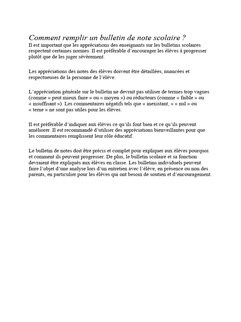 Appréciations pour bulletins scolaires | PDF | Motivation | Motivant