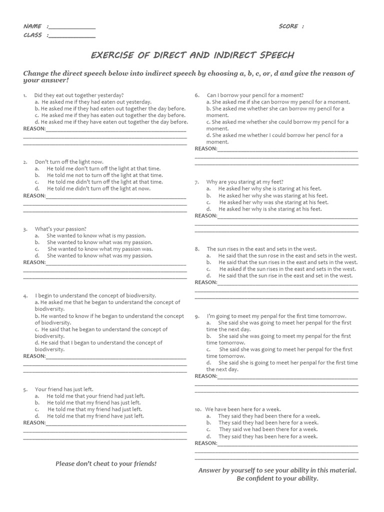 Direct and Indirect Pre Test | PDF