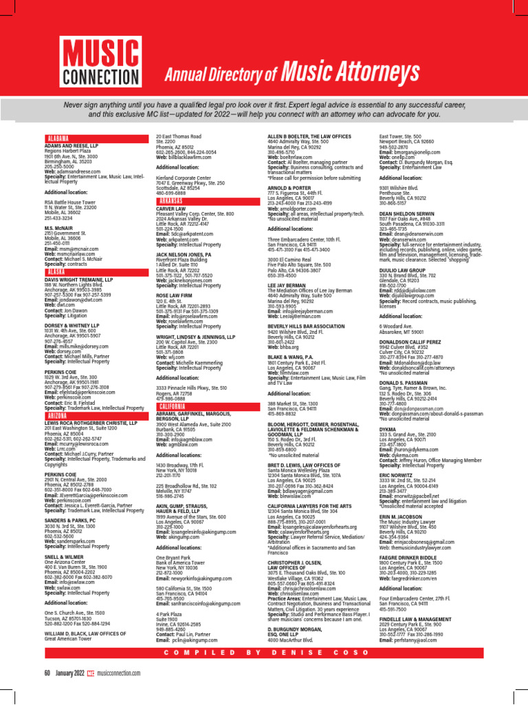 Music Attorneys Directory 2022 | PDF | California | Legal Organizations