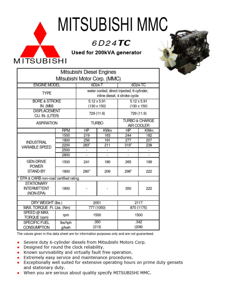 Mitsubishi 6D24-TC Diesel Engine Specs | PDF | Diesel Engine | Horsepower