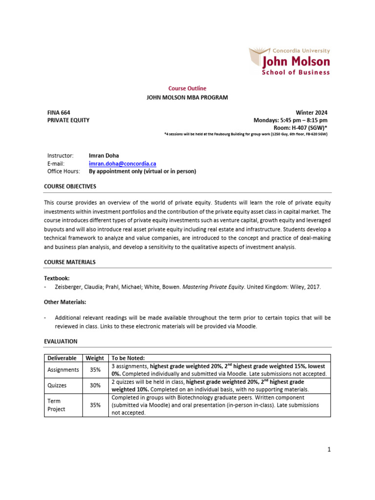 FINA 664 Course Outline Winter 2024 PDF Private Equity
