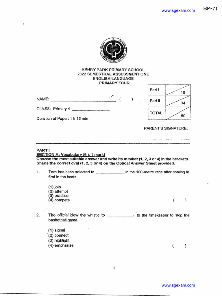 2022-P4-English-Semestral Assessment 1-Henry Park | PDF