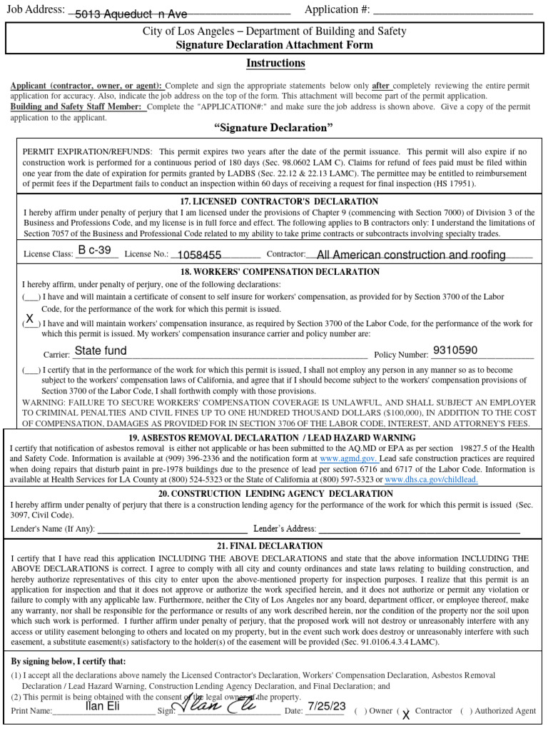 LADBS Signature Declaration Form | PDF | Workers' Compensation | Labour Law