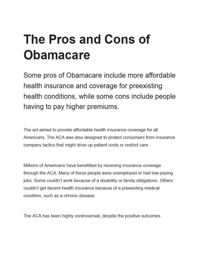 The Pros and Cons of Obamacare | PDF | Medicare (United States ...