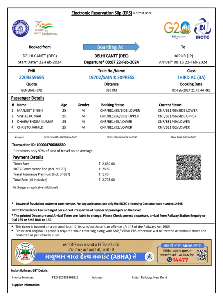 19702/sainik Express Third Ac (3A) | Download Free PDF | Identity Document