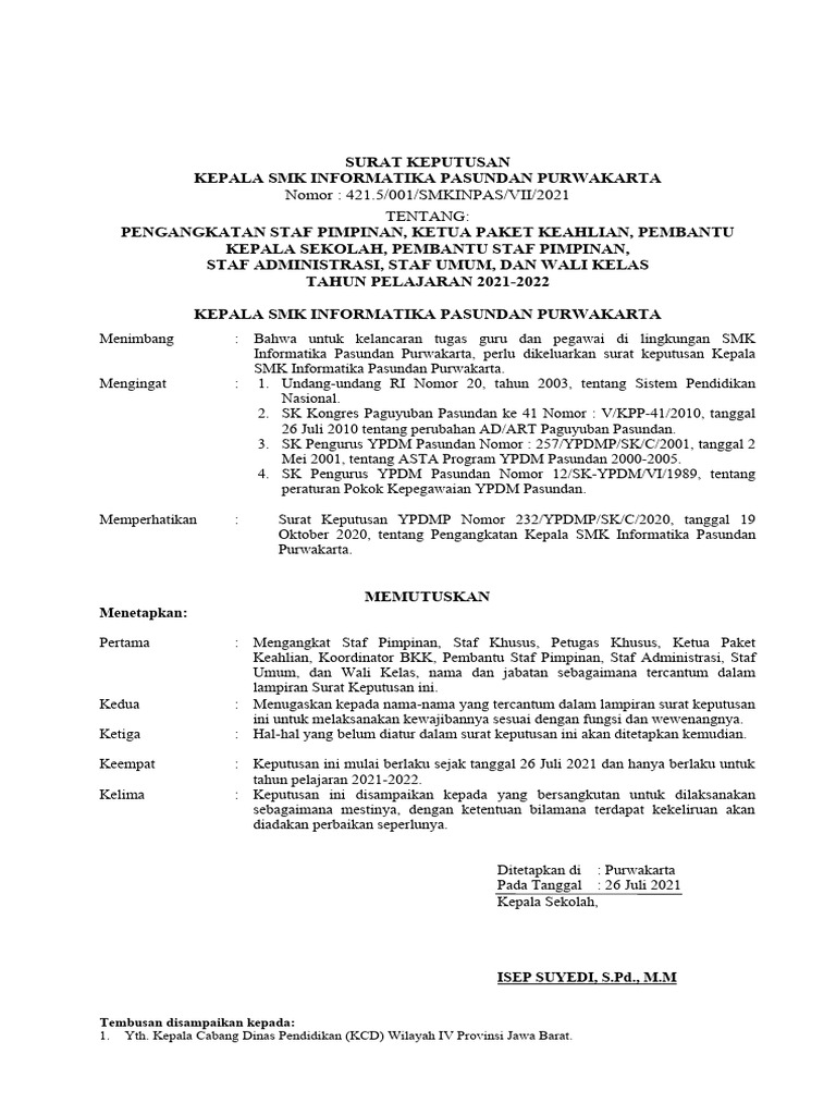 SK Pembagian Tugas Guru Dan Pegawai 2021-2022 | PDF