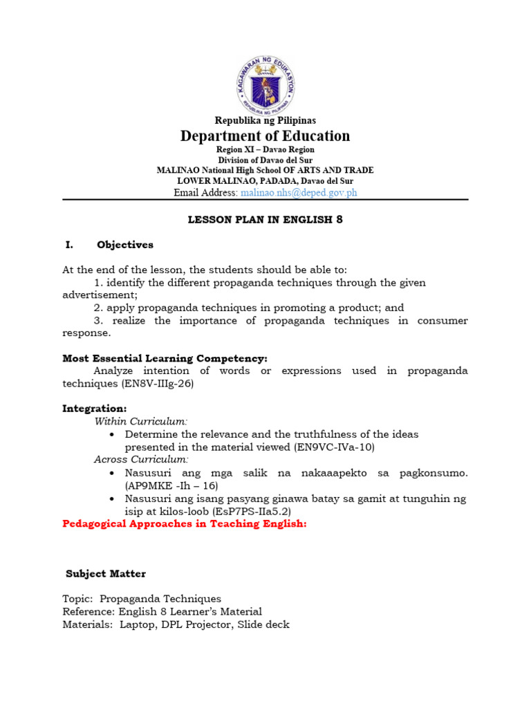 Eng 8 - Lesson Plan 1 | PDF | Propaganda | Human Communication