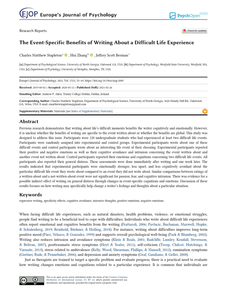 Benefits of Writing About A Difficult Life Experience Ejop-17-053 | PDF ...