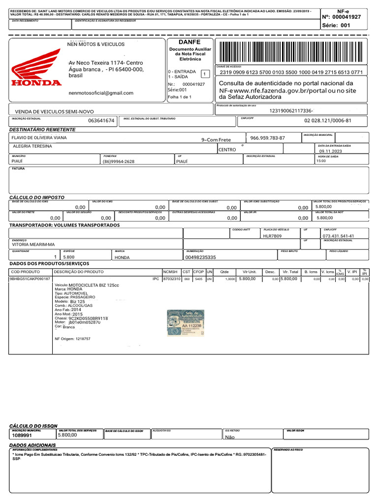 Nota Fiscal Honda | PDF | Recibo | Transporte