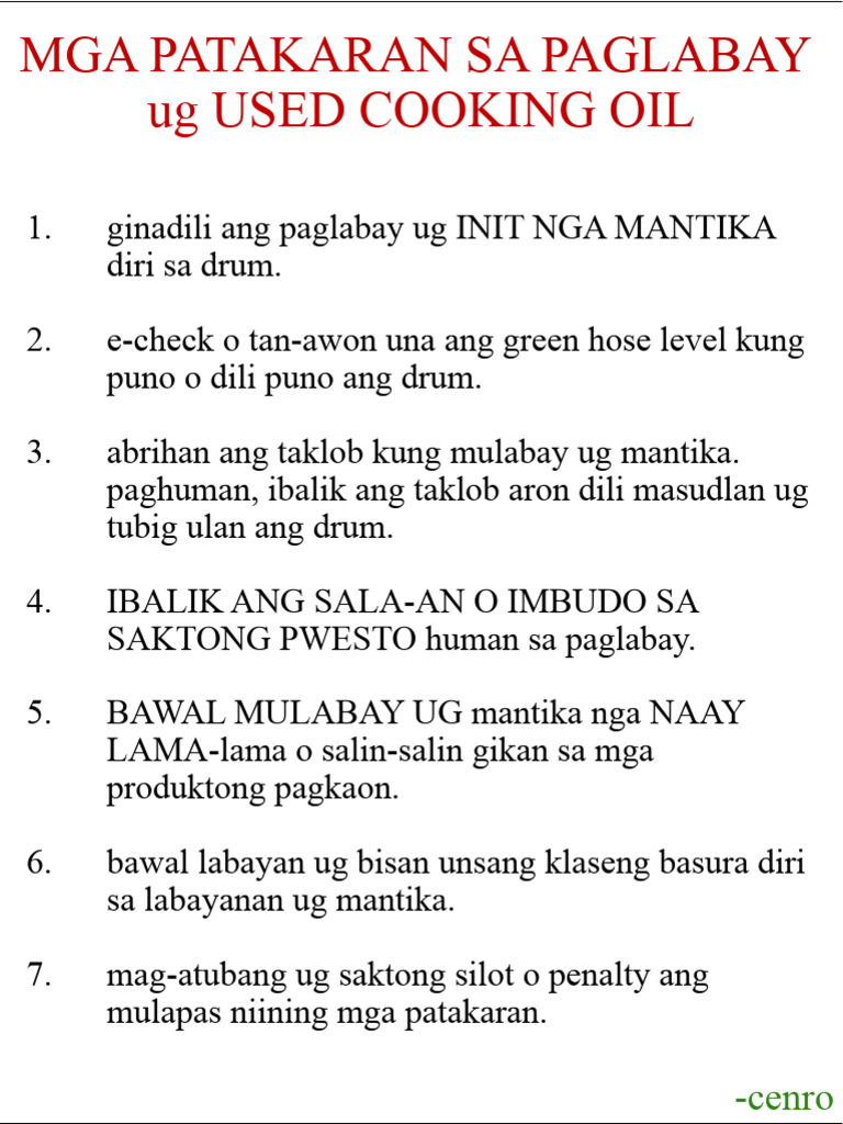 MGA PATAKARAN SA PAGLABAY Ug Used Cooking Oil Bins - CENRO-LGU Tagum | PDF